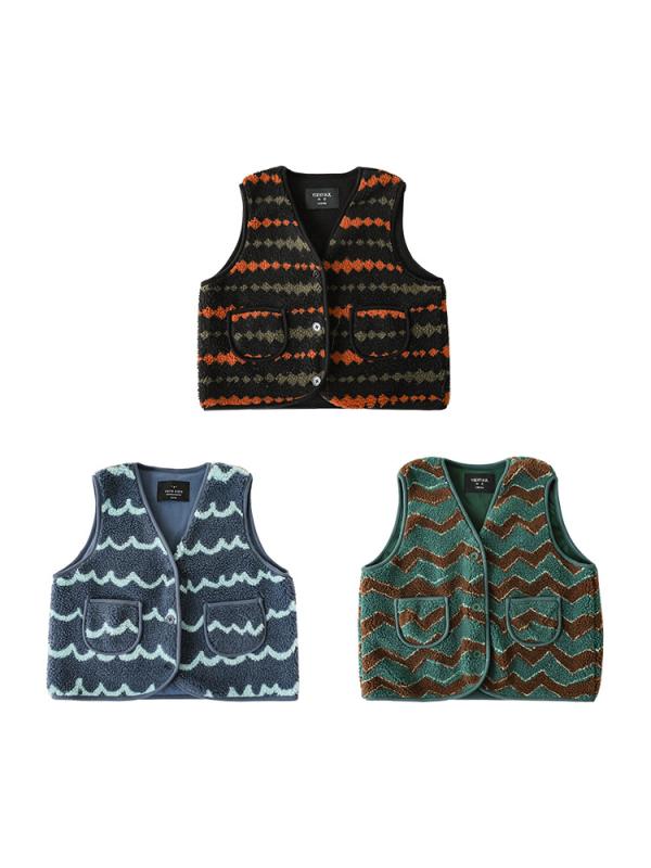 ベスト キッズ 男の子 子供服 秋冬 厚手 波模様 織布 カラフル 裏起毛 カジュアル 防寒 チョッキ