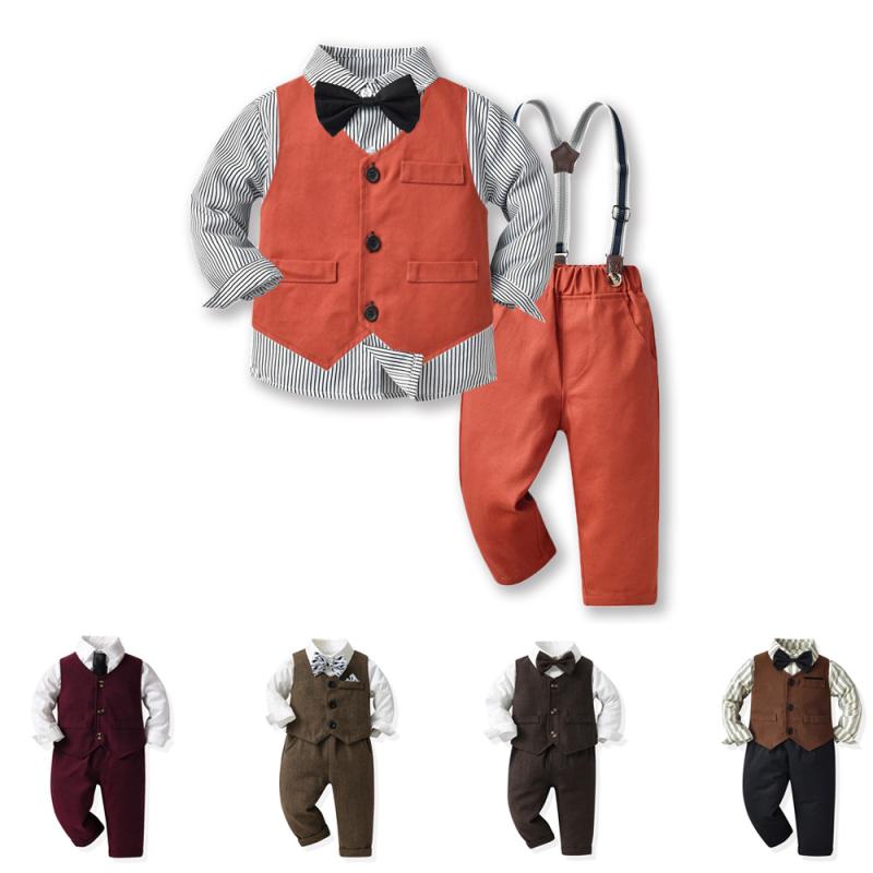 子供服 フォーマル スーツ 男の子 レトロ ベスト 蝶ネクタイ 長袖 コットン カーディガン サスペンダー付きパンツ 3点セット 紳士 キッズ