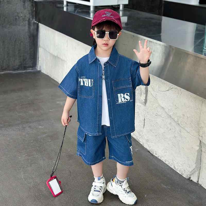 シャツ キッズ 男の子 夏服 薄手 デニム セットアップ おしゃれ ベスト 普段着 ベビー 子供服