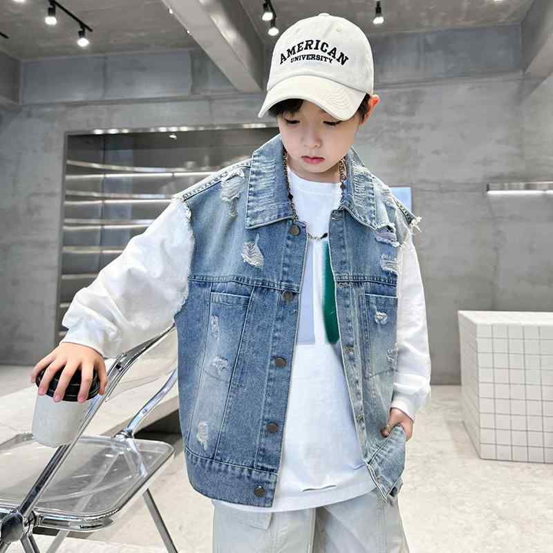 ベスト キッズ 男の子 デニム 春秋 薄手 中大 子供 背心 上着 アウター 重ね着・性別: 男・スタイル: 韓国版・対象年齢: 中・高学年 (8歳以上.140cm以上)・生地加工: 柔らか加工・デザイン: カーディガン・柄: 無地・・フー...