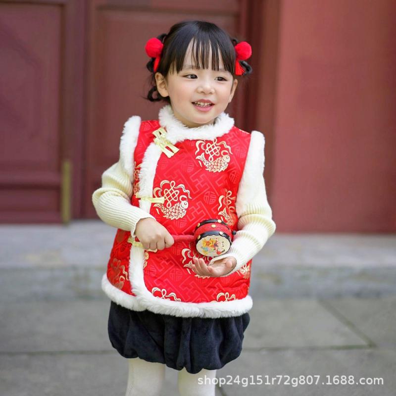 タンクトップ キッズ 子供 ベビー 唐装 ベスト 新年 お正月 普段着 かわいい 赤 冬 綿