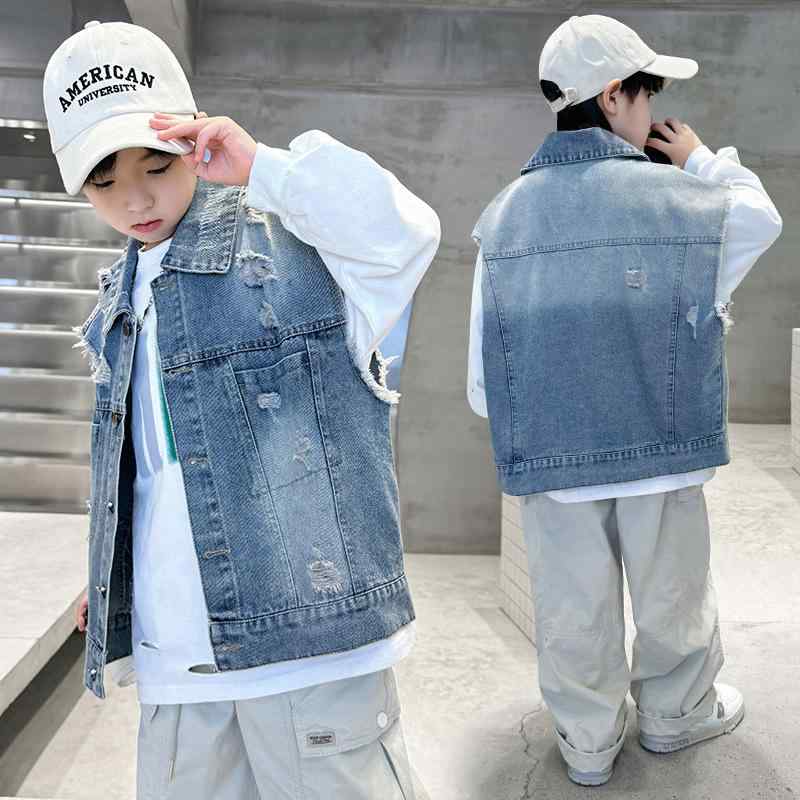 ベスト キッズ 子供 デニム ダメージ加工 春物 アウター ゆったり おしゃれ