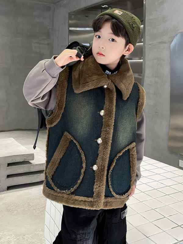 子供用 ジーンズ ベスト アウター 厚手 裏起毛 年 冬 男の子 中大 子供 保温 防寒 チョッキ