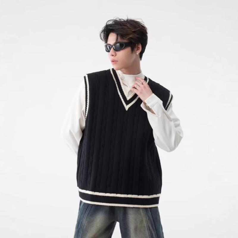 ニット ベスト メンズ 秋冬 男性用 アメリカン レトロ Vネック ゆったり 無袖 セーター プルオーバー チョッキ アウター