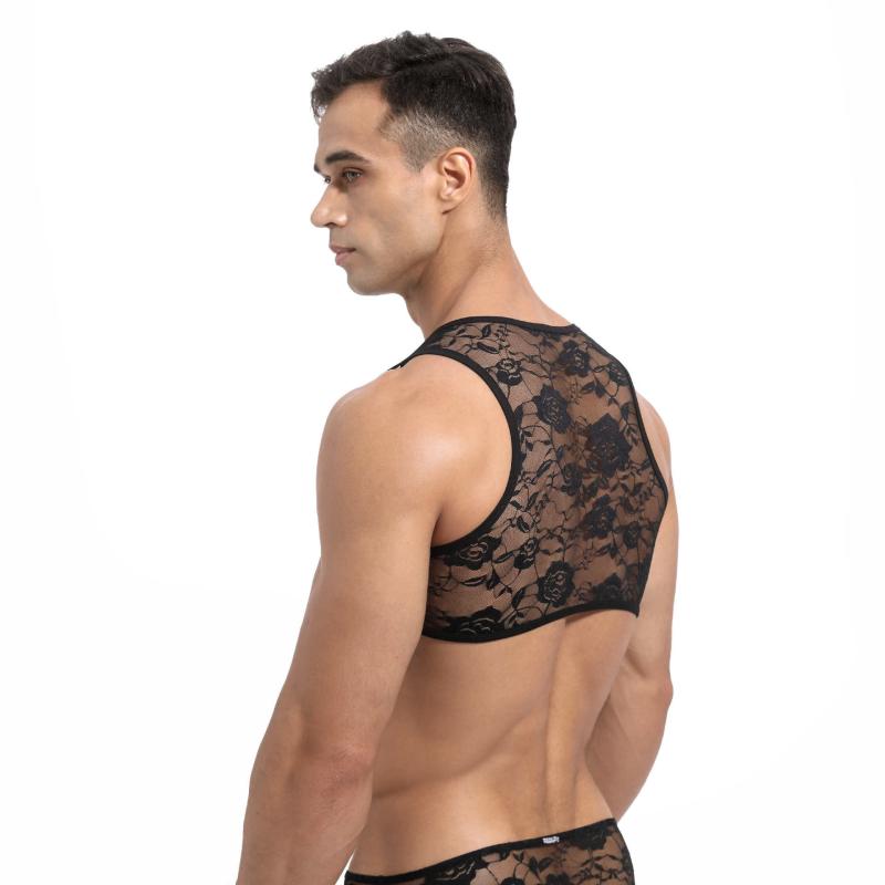 タンクトップ 男性用 高弾力 レース スリム 無袖 接触冷感 部屋着 普段使い