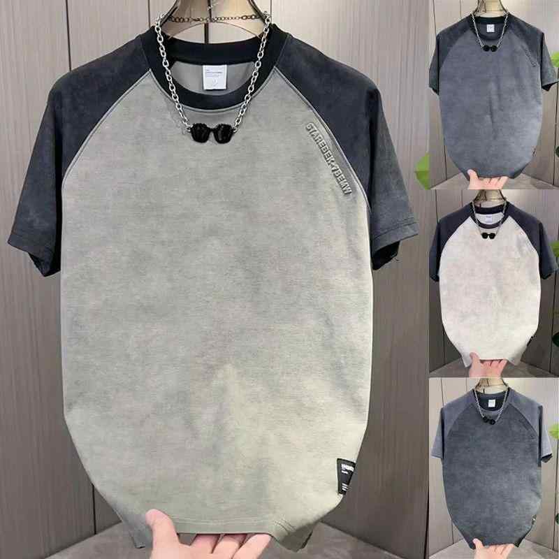 Tシャツ メンズ 男性用 半袖 トップス カジュアル 普段使い 切り替え アルファベット プリント クルーネック プルオーバー サマー
