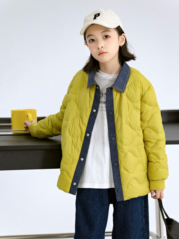 ダウンジャケット キッズ 子供 デニム 切り替え 薄手 軽量 中綿 シャツ インナー アウター 防寒 秋冬