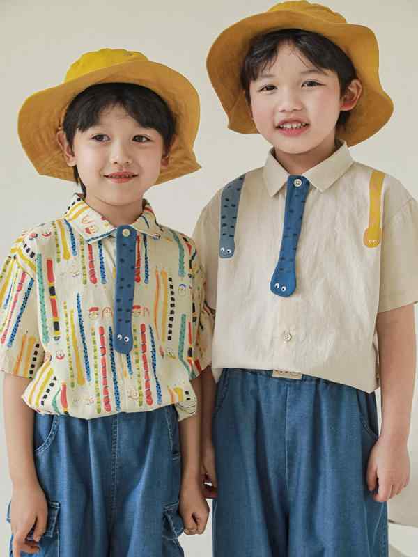 シャツ キッズ 男の子 子供 半袖 カジュアル 切り替え 付け外し可能 ネクタイ付き プリント柄 普段使い