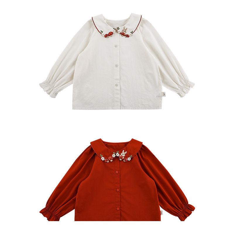 シャツ ガールズ 子供服 刺繍 襟付き ブラウス 秋 木耳 花柄 パフスリーブ ギャザー袖 カジュアル
