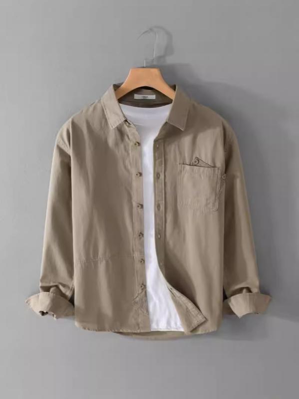 シャツ メンズ 男性用 長袖シャツ 春物 レトロ 無地 コットン ワークシャツ カジュアル トップス おしゃれ 普段使い・素材: 聚酯纤维（涤纶）・スタイル: 日系复古・対象: 若者・タイプ: 开衫・版型: 宽松型・ネックライン: 方领・袖...