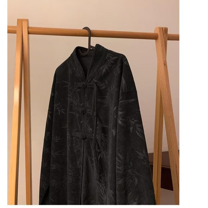 シャツ メンズ 男性用 長袖 コーデュロイ チャイナ風 唐装 トップス 墨絵風