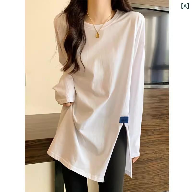 2Tシャツ レディース 綿 長袖 インナー ミドル丈 ゆったり 体型カバー おしゃれ かわいい シンプル カジュアル トップス 普段使い 百搭