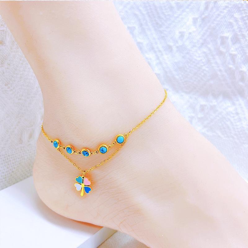 アンクレット レディース 四つ葉 クローバー ターコイズ チタン鋼 小さめ 二連 ラッキーアイテム・種類: 脚链・スタイル: 女式・造型: 花卉・素材: 钛钢・カラー: YA128