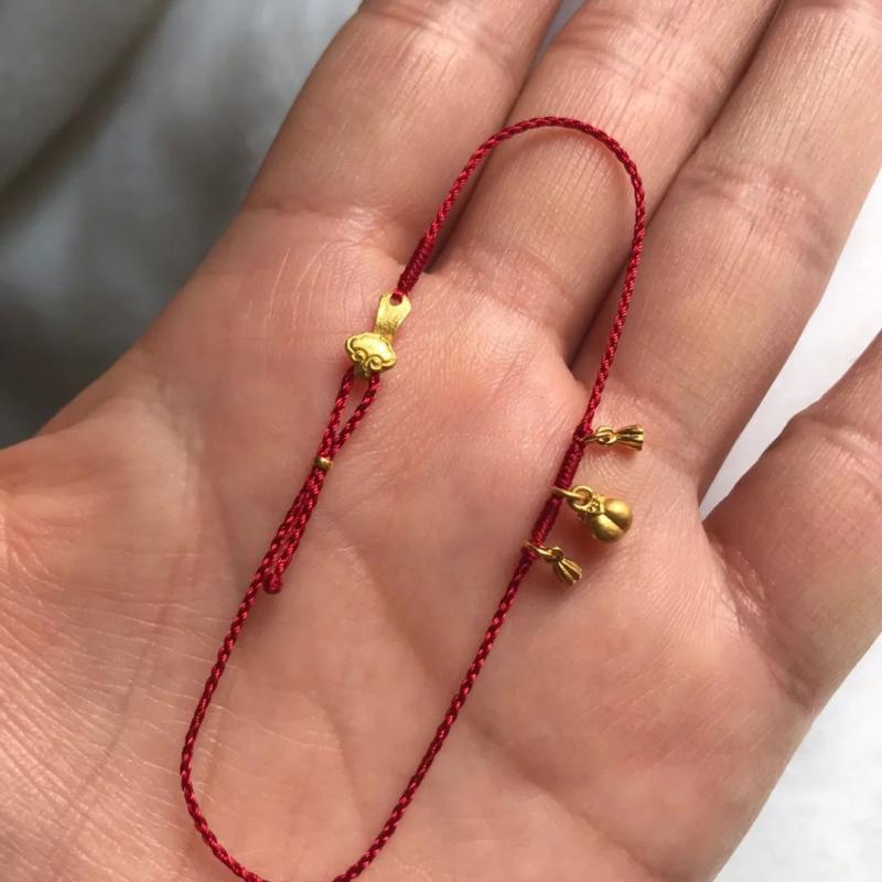 アンクレット レディース 極細 四つ編み 金色 如意 柿 本命年 ハンドメイド 赤紐 シンプル