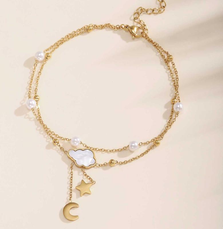 アンクレット レディース ファッション 星 月 パール タッセル クラウド シェル ゴールド シルバー 二連・種類: 脚链・スタイル: 女式・貨物番号: YLJL-0118・産地: 義烏・鑲嵌材質: 亚克力・カラー: 金色・純度: 無規格・...