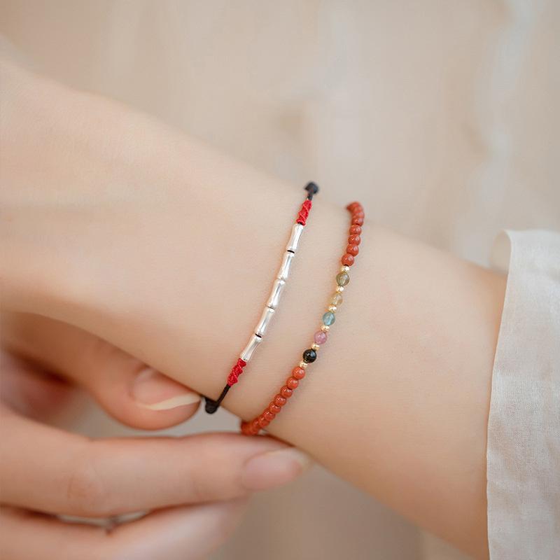 ブレスレット レディース シルバー925 竹モチーフ 縁起物 お守り 幸運 赤い紐 手編み アンクレット かわいい おしゃれ