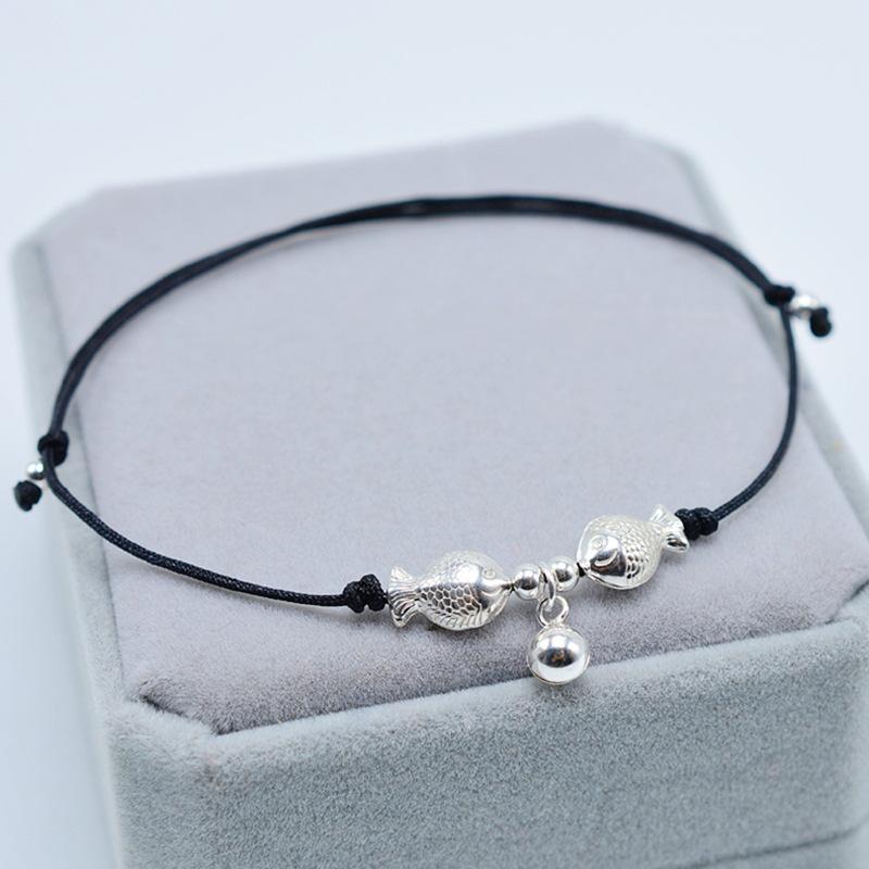 ブレスレット レディース S925 シルバー 魚 鈴付き アンクレット 細い レッド ロープ 韓国風 森ガール シンプル かわいい 学生 手編み