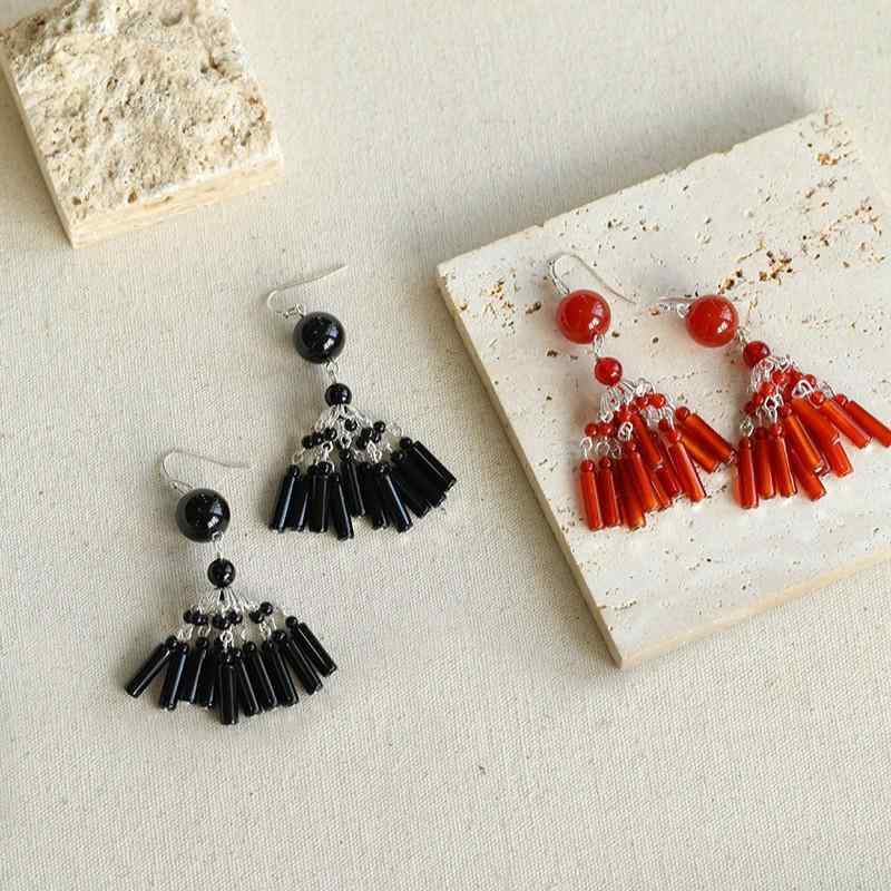 イヤリング レディース 女性用 レトロ デザイン 瑪瑙 メノウ タッセル 透かし彫り エスニック アンティーク調 民族風 アクセサリー