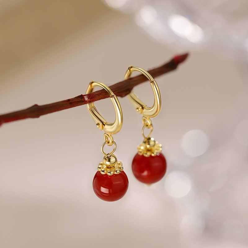 イヤリング レディース シルバー925 レッド瑪瑙 和風 レトロ 軽い 高級感 新中国風 イヤーカフ 気質 百搭 玉石風 イヤードロップ トレンド