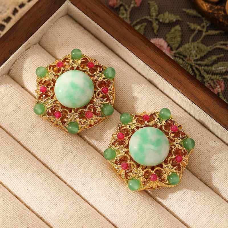 ピアス レディース 天然石 グリーン ゴールド 電気メッキ加工 レトロ 鏤空 金糸 ヴィンテージ風 イヤリング 中古風 シルバー925