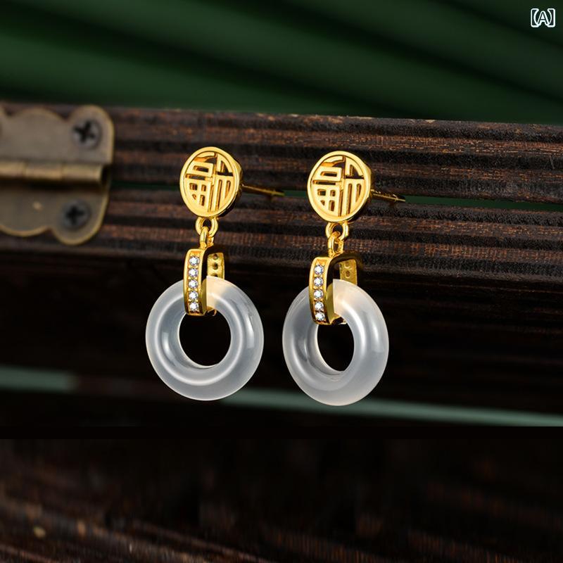 ピアス レディース S925 シルバー 玉髄 民族風 福字 かわいい 高級感 イヤリング アクセサリー・素材: 925シルバー・処理: 電気メッキ・造型: 幾何学型・カラー: 22K黄金色・流行要素: 平安扣・スタイル: 民族風、文芸復古・...