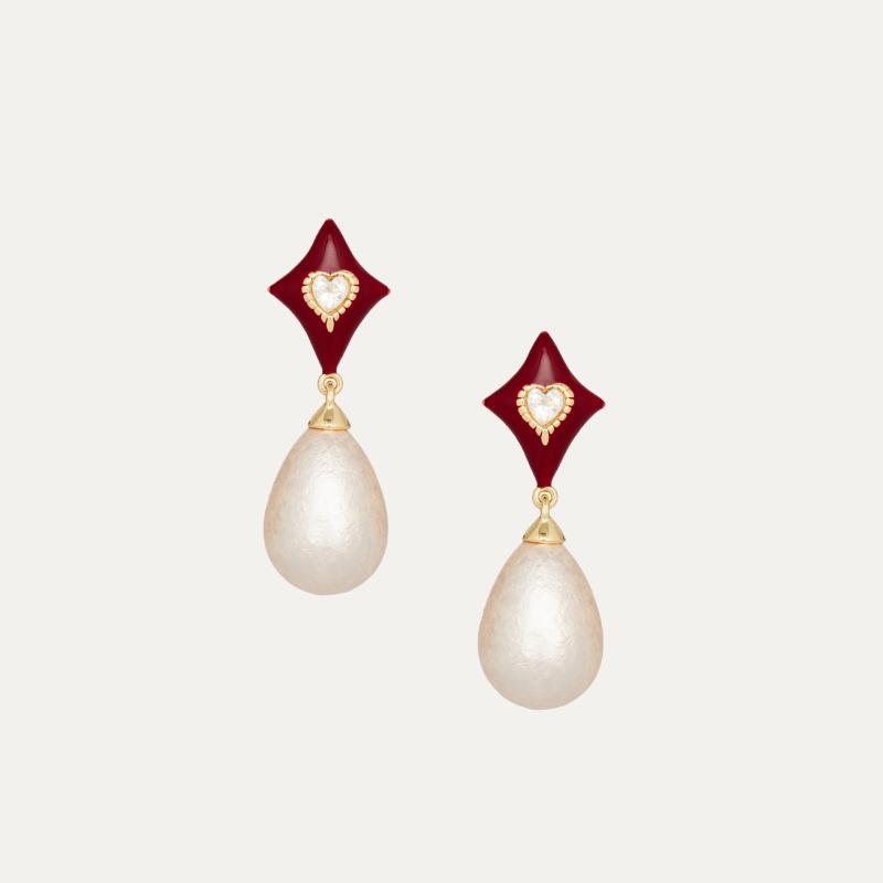 イヤリング レディース 水滴型 パール レッド エナメル 上品 高級感 新年 気質