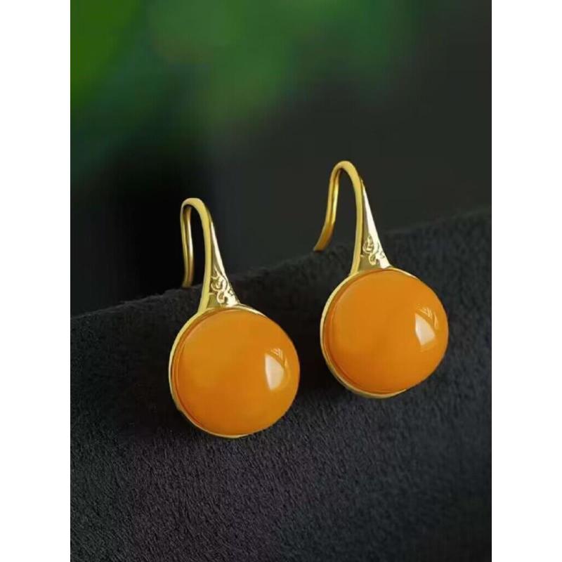 ピアス レディース ゴールド コーティング 鶏油黄 琥珀風 イヤリング シンプル クラシック 気質