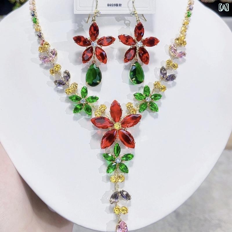 ネックレス &amp; イヤリング レディース アクセサリー セット ジルコニア レッド 花柄 かわいい おしゃれ ファッション アクセサリー パーティー お呼ばれ・素材: 人造水晶・処理: 電鍍・造型: 花卉・チェーンスタイル: 鎖骨チェ...