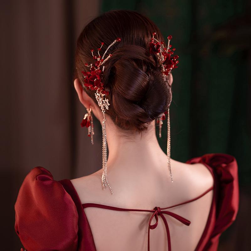 ヘアピン レディース 韓国風 ロマンチック ベルベット調 花柄 水晶 タッセル ヘアクリップ ヘアアクセサリー