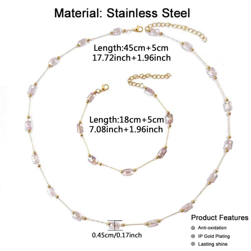 2アクセサリー レディース ステンレス ネックレス ブレスレット セット ピンク水晶 エレガント かわいい 楕円形 円柱 普段使い・スタイル: 女式・セット内容: ネックレス、ブレスレット・ペンダントの素材: ステンレス・カラー: DZA9...