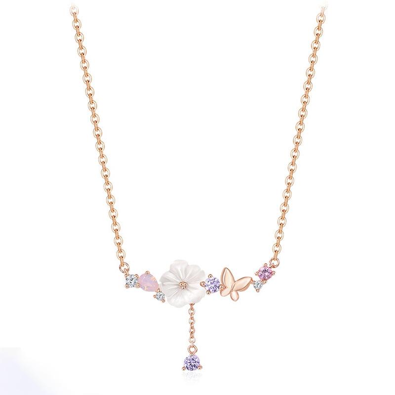 ネックレス レディース シルバー925 バタフライ フラワー 花 チョーカー ペンダント エレガント アクセサリー シェル 記念日 ギフト 上品 かわいい