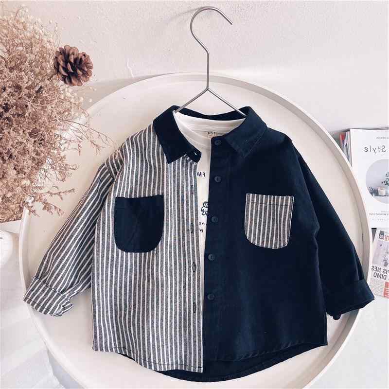 シャツ キッズ 男女兼用 子供服 ストライプ パッチワーク おしゃれ かわいい 韓国風 春秋