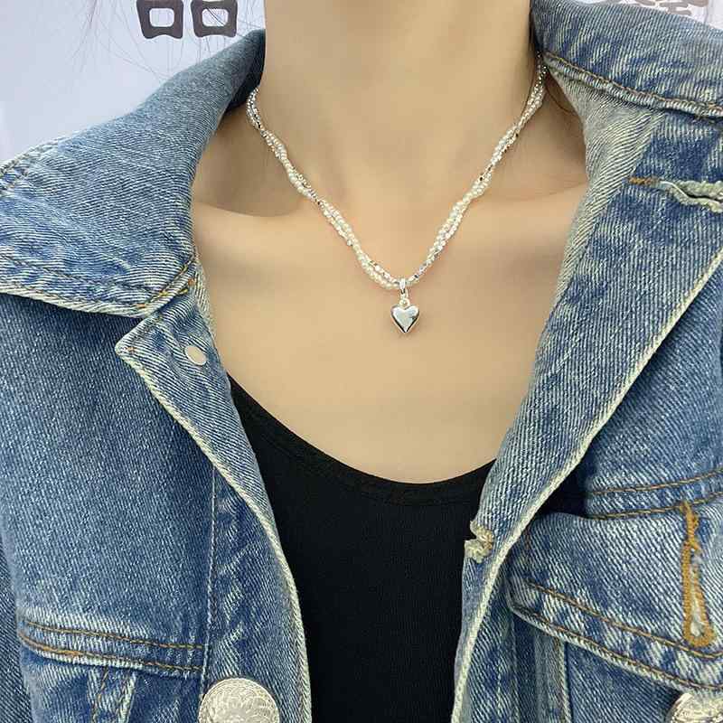 ネックレス レディース 小さめ ダブルチェーン ハート ペンダント シルバー メタル レトロ かわいい おしゃれ アレルギー対応