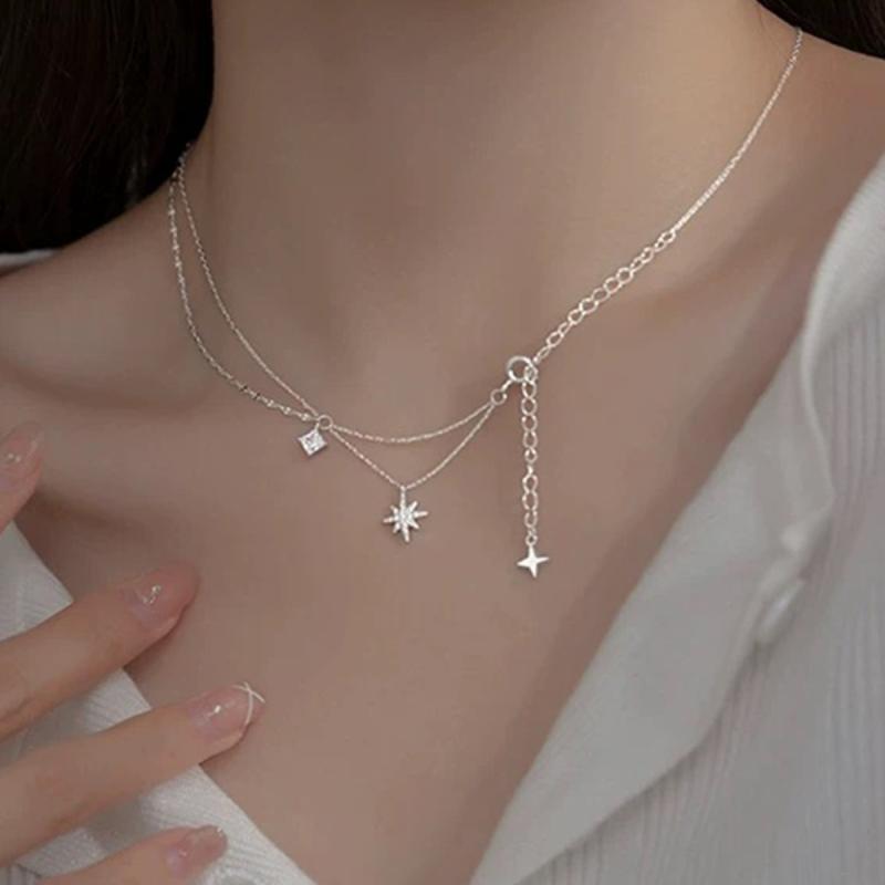 ネックレス レディース シルバー925 八芒星 ダブルレイヤー 2連 重ね付け風 スターリングシルバー エレガント ラグジュアリー プレゼント ギフト・素材: シルバー925・デザイン: 幾何学型・チェーンスタイル: 常規チェーン・多層構造...
