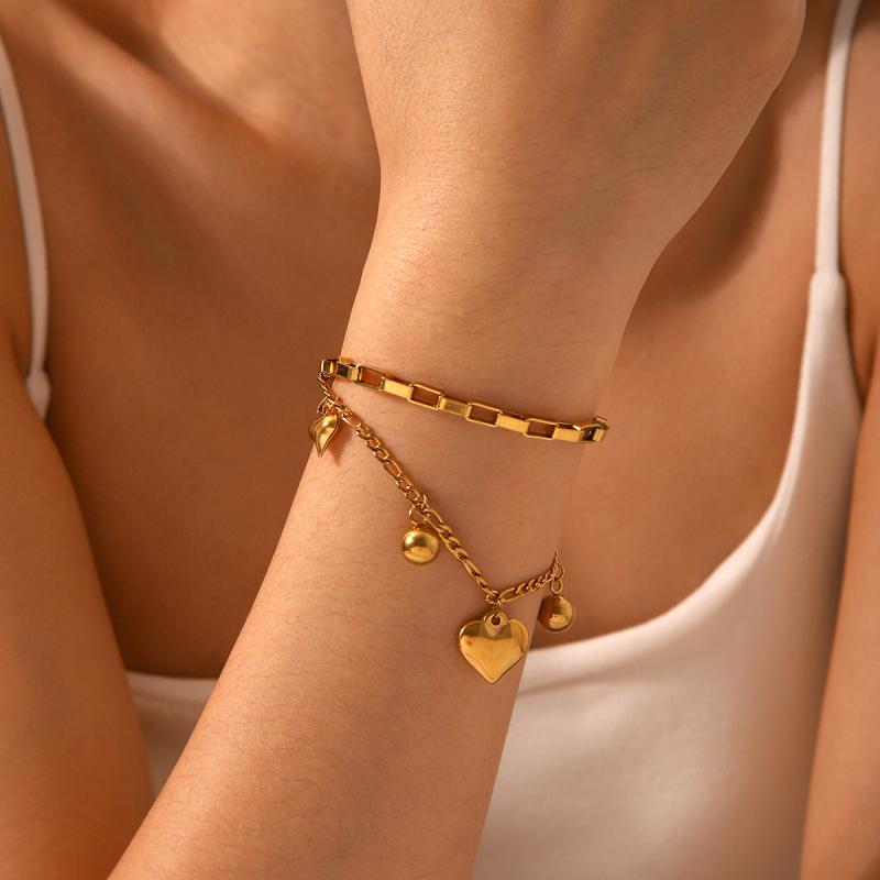 ブレスレット レディース アクセサリー 18k 金 ステンレス ダブル レイヤード ハート モチーフ チタン鋼 ファッション かわいい おしゃれ・処理工芸: 電鍍・スタイル: 女式・造型: 心形, 幾何型・製品カテゴリ: 手飾・款式: 双層...