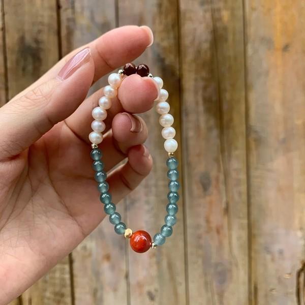 ブレスレット レディース S925 シルバー 天然 翡翠 南紅 串珠 小众 デザイン シルバー925