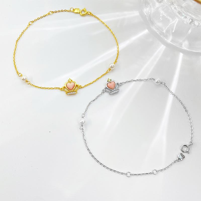 ブレスレット レディース シルバー925 ハート 王冠 高級感 白蝶貝 ジルコニア 小众 パール 手 цепочка アクセサリー ジュエリー・素材: 925シルバー・処理: 電気メッキ・スタイル: レディース・造型: クラウン、ハート・カ...