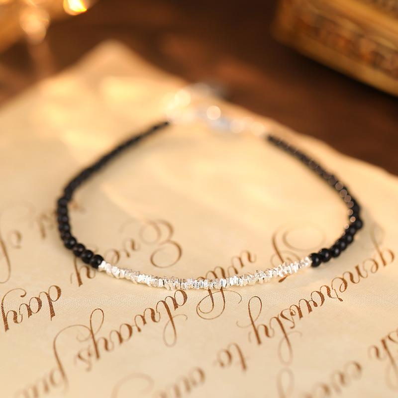 ブレスレット レディース S925 シルバー 黒瑪瑙 砕银子 小众 軽量 串珠 手饰 アクセサリー ギフト プレゼント
