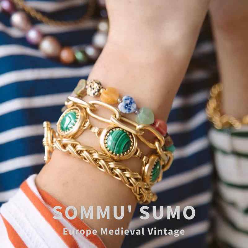 ブレスレット レディース 腕輪 レトロ エレガント 金メッキ ジルコニア 孔雀石風 エスニック ボヘミアン ジュエリー アクセサリー