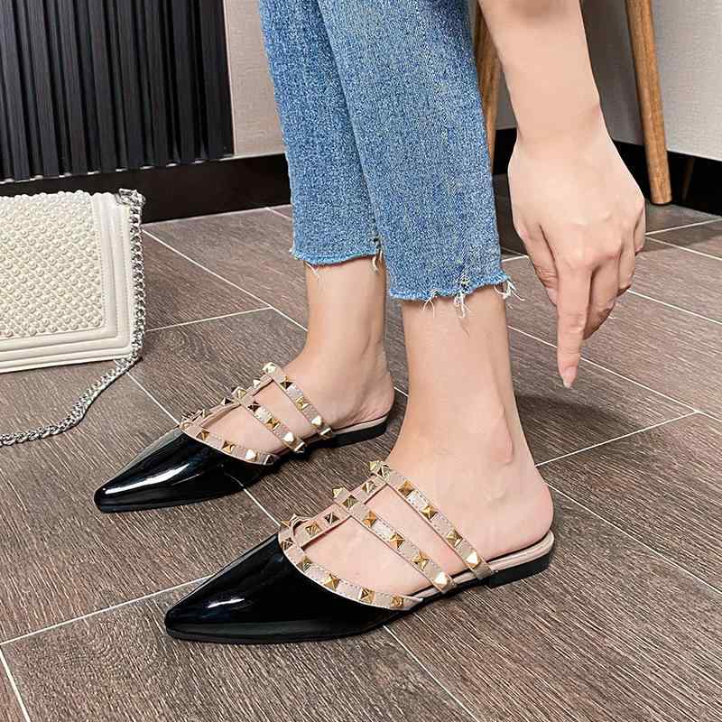 サンダル レディース 大きいサイズ フラット 41 42 43 バブーシュ 甲深 ポインテッドトゥ ぺたんこ スタッズ クッション 痛くない 歩きやすい ローヒール 外履き 婦人靴 女性用