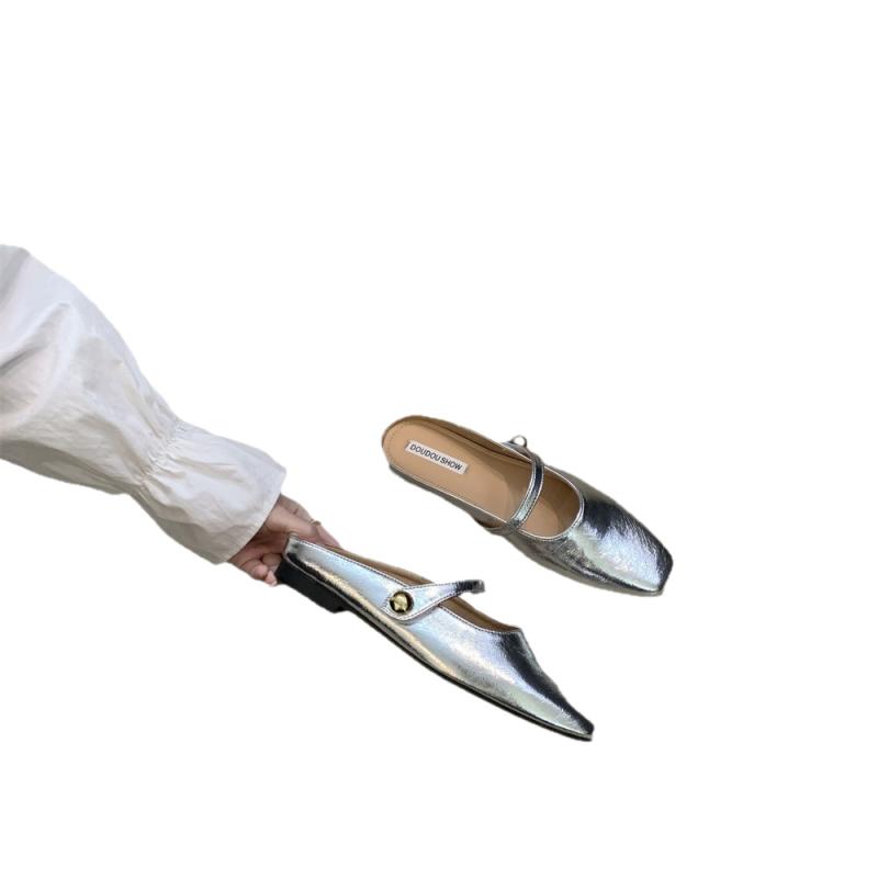 サンダル レディース フラット 5cmヒール 뮬 ル ミュール ローヒール スクエアトゥ ぺたんこ 婦人靴 ソフト スリッパ 外履き 普段使い ブラウン シルバー コンフォート