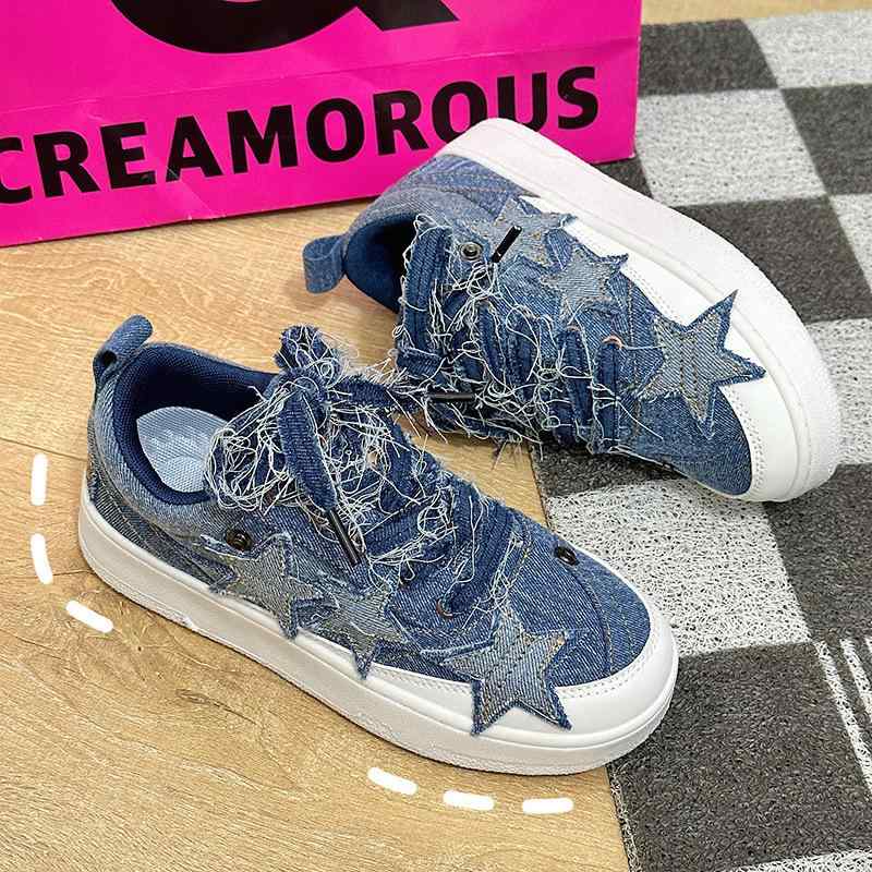 スニーカー 男性用 帆布 キャンバス デニム 星柄 厚底 レトロ カジュアル ペア・靴のつま先の形状: ラウンドトゥ・スタイル: カジュアル・対象性別: 中性/男女兼用・流行の要素: ステッチ,レザーパッチワーク・ヒールの高さ: ミドルヒー...