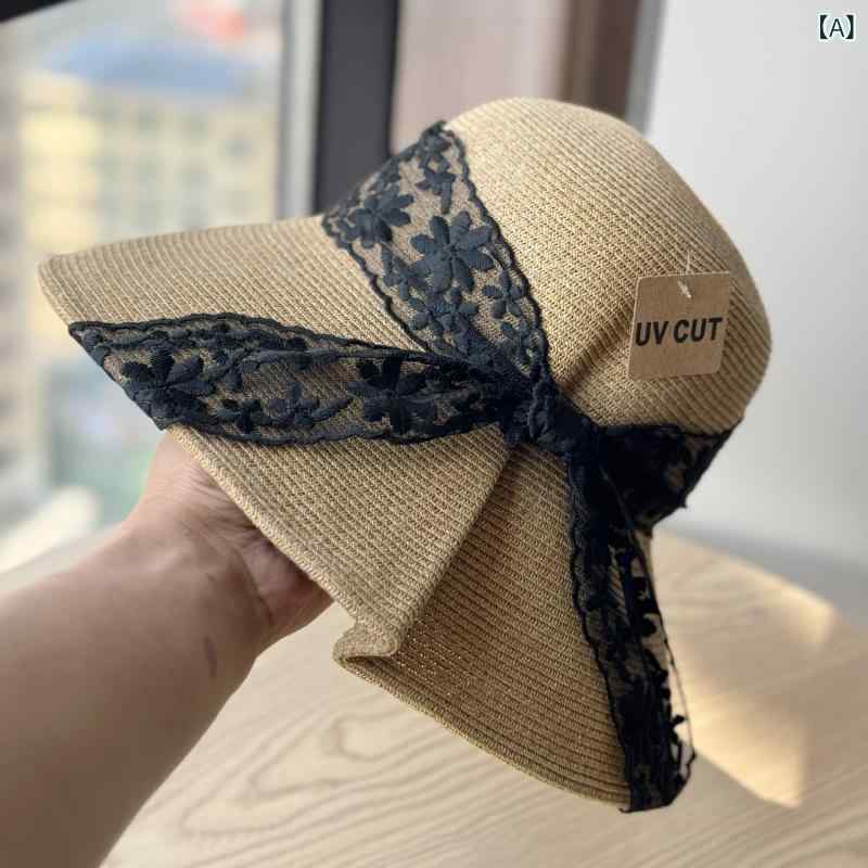 麦わら帽子 レディース 春夏 メッシュ レース リボン付き 折りたたみ 遮光 紫外線対策 日よけ つば広 ハット 漁師帽 バケットハット