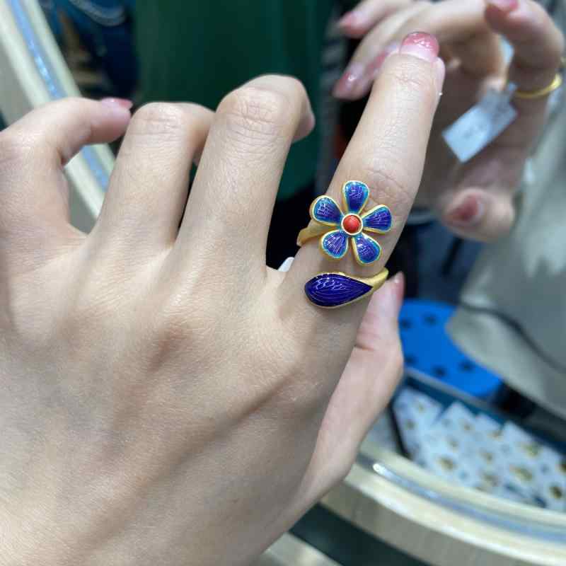 指輪 レディース レトロ リング ブルー 青 花柄 中国風 琺瑯 景泰藍 エナメル 古法 手作り ハンドメイド アクセサリー