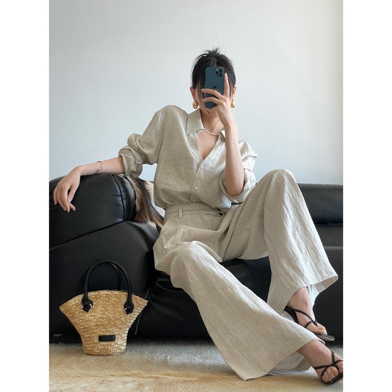 シャツ レディース 亜麻 リネン 長袖 長ズボン 2点セット セットアップ UVカット 紫外線対策 接触冷感 伸縮性 通気性 ルームウェア 部屋着 旅行 ゆったり カジュアル