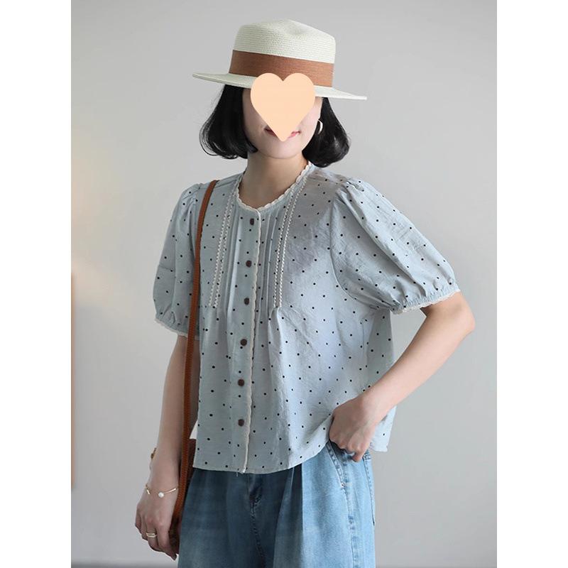 シャツ レディース 半袖 水玉模様 甘め かわいい 文芸風 ゆったり 体型カバー カジュアル 韓国 サマー