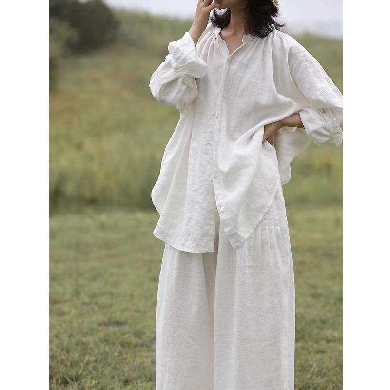 シャツ レディース 綿麻 長袖 ブラウス &amp; 長ズボン セットアップ ルームウェア 部屋着 リラックス ゆったり 春秋 白