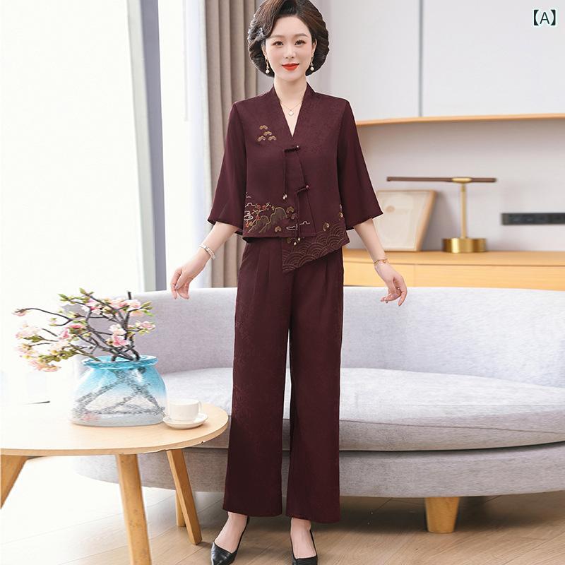 シャツ レディース 香雲紗 トップス ブラウス 夏 中国風 ミセス シニア向け 2点セット 涼しい おしゃれ かわいい 上品 きれいめ 普段使い