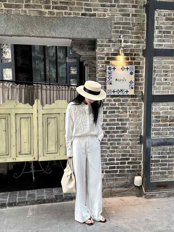 シャツ レディース 麻 リネン 刺繍入り ブルー系 ホワイト系 レトロ トップス ハイウエスト ワイドレッグ ズボン パンツ セットアップ 春夏