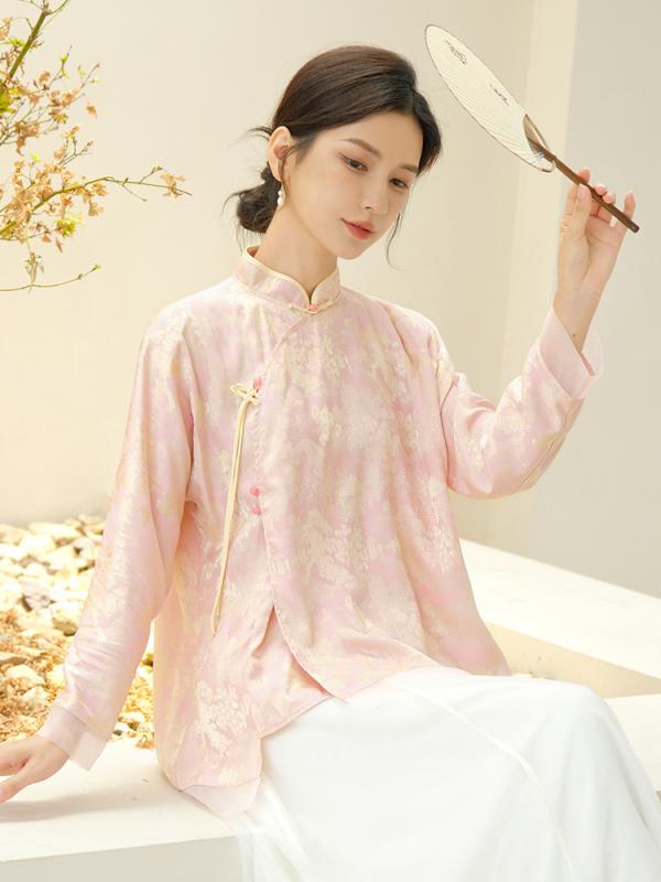 シャツ レディース 長袖 唐装 チャイナ風 禅風 茶服 提花 刺繍 トップス ピンク系 ブラウス 秋冬